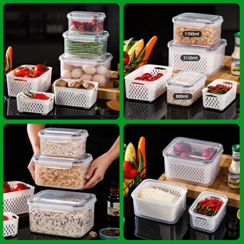 Pack of 4 Fruit Fresh Produce Protector, Grape Container for Fridge, Fruit Saver Lettuce Container with Drain Colanders, Partitioned Salad Container, Refrigerator Organizer for Lettuce Berry Food (4)