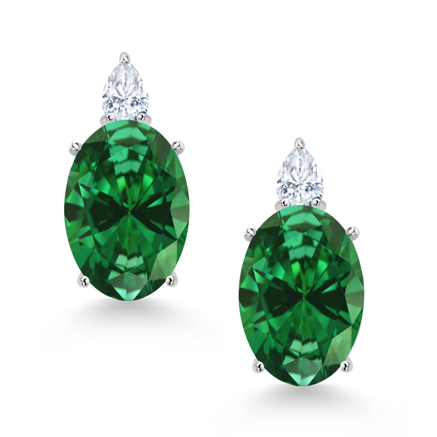 Gem Stone King 925 Sterling Silver Green Created Emerald and White Moissanite Stud Earrings For Women (8.80 Cttw, 14X10MM Oval, 6X4MM Pear Shape)