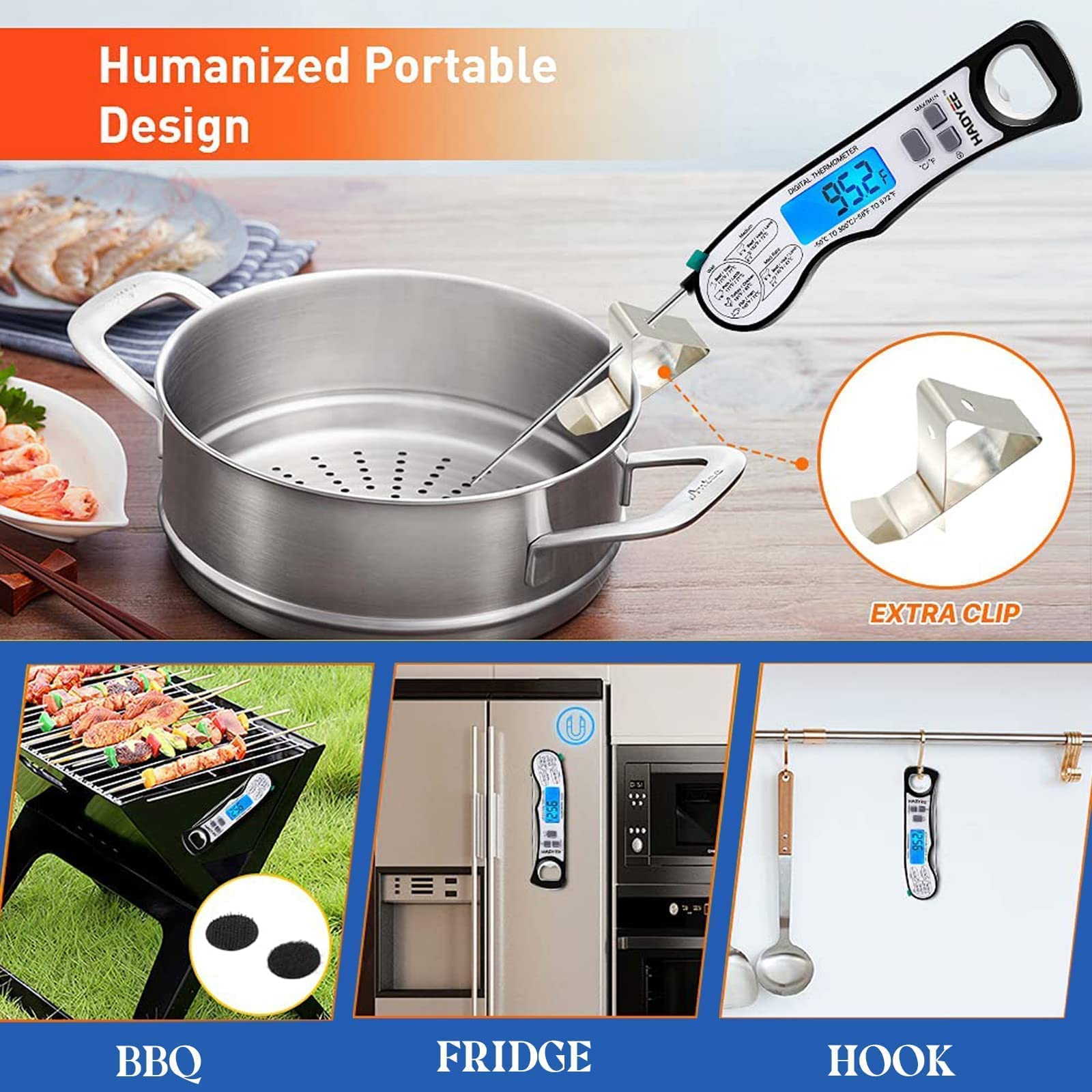 HAOYEE Digital Meat Thermometer, Premium Multifunctional Food Thermometer with LCD Display, Long Probe and Magnetic, Suitable for Home and Kitchen Barbecue Edible Oil Frying, Baking, etc.