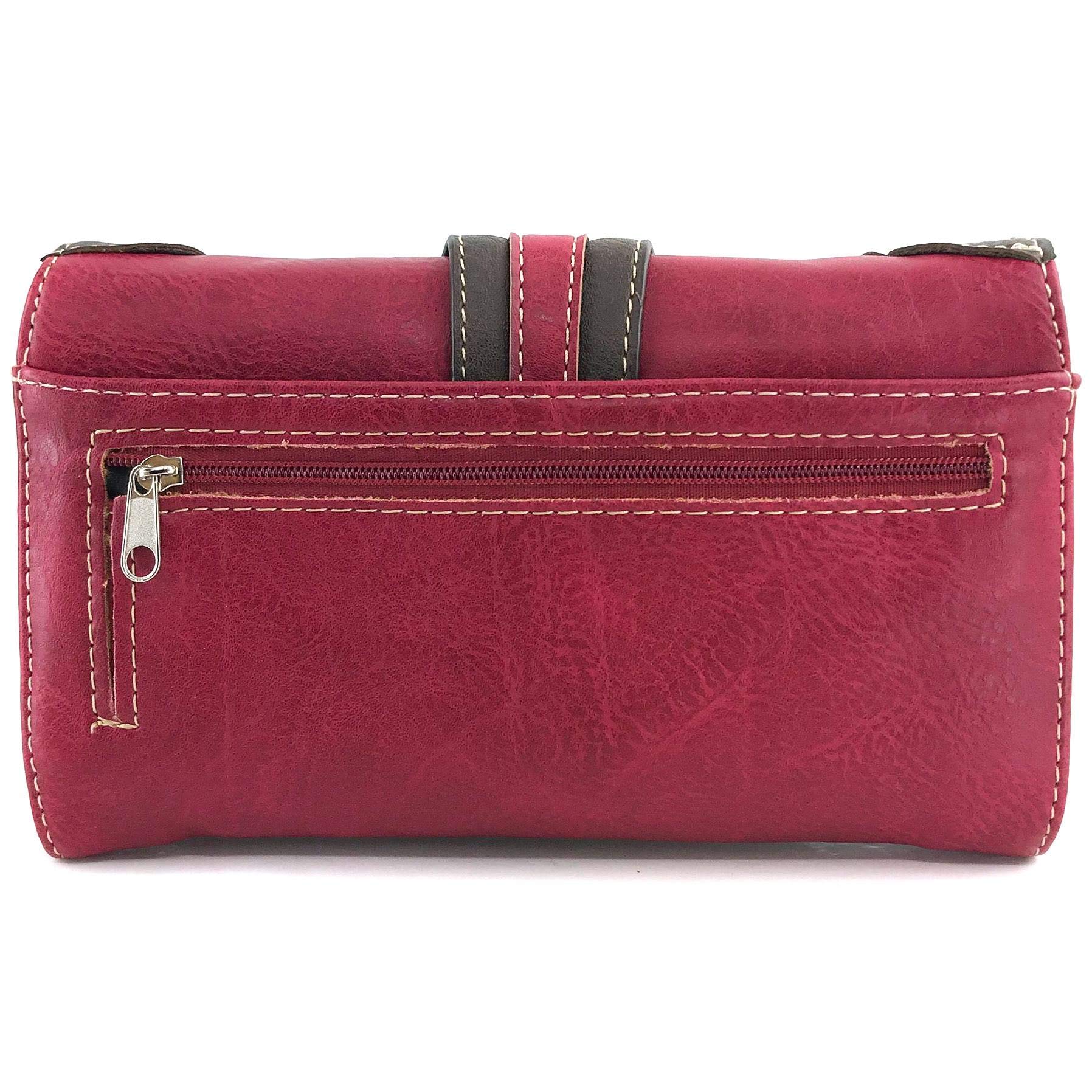 Zelris Western Moccasin Flower Buckle Women Crossbody Wrist Trifold Wallet (Rose Red)