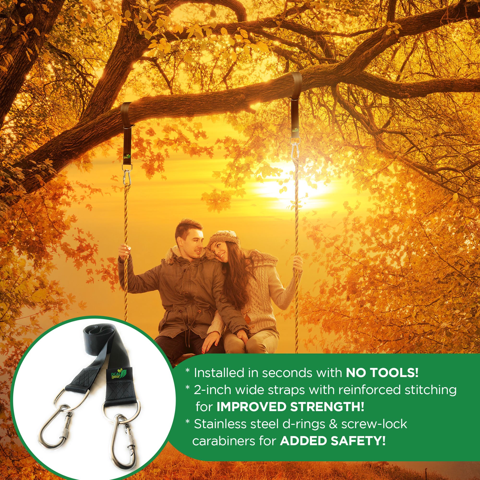 DCAL Gear Tree Swing Hanging Straps Kit - Easy & Fast Installation - 5ft Extra Long Straps Hold 2000 lb - Safer Lock Snap Carabiner Hooks Perfect to Tree Swing, Swing Sets, Tire Swing & Hammock
