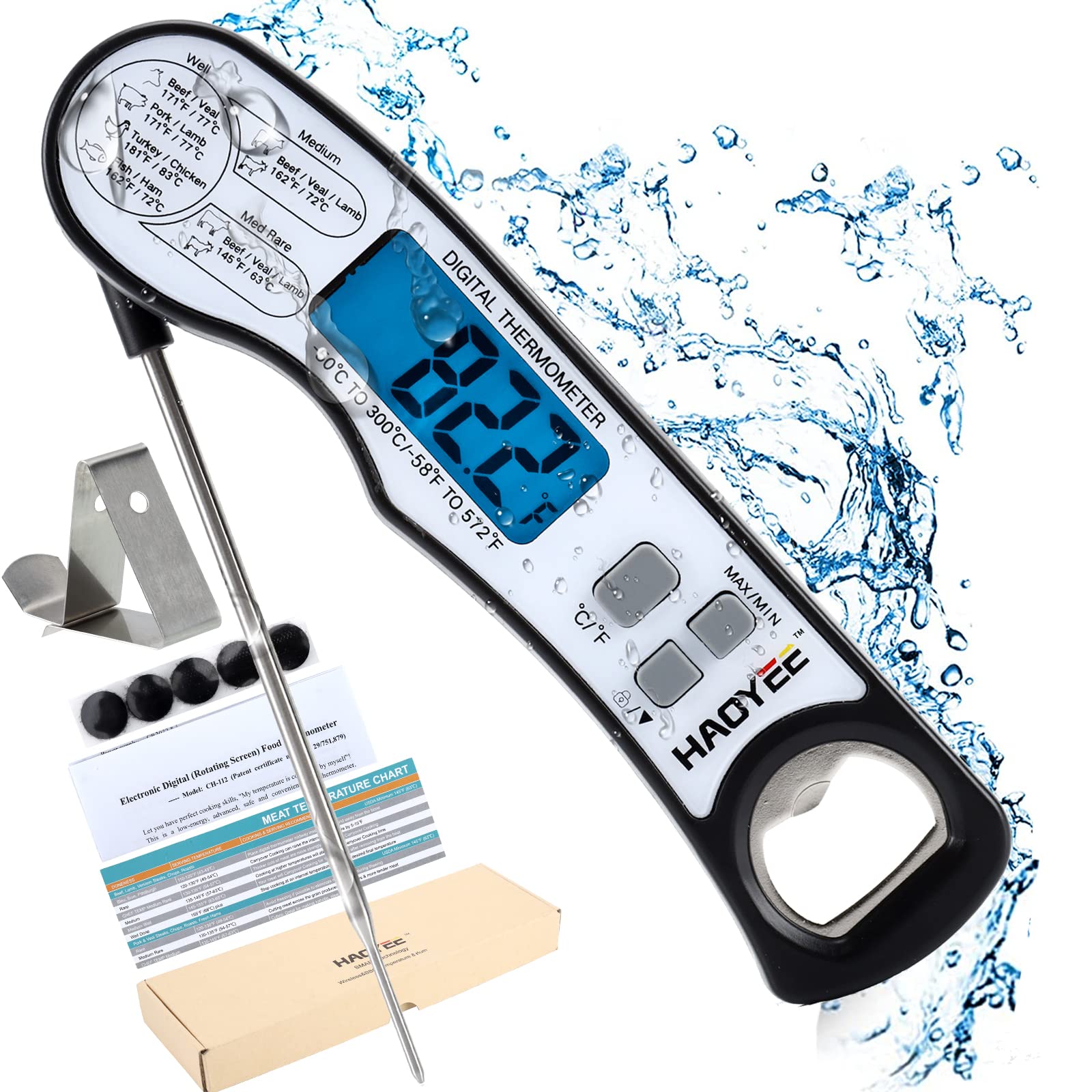 HAOYEE Digital Meat Thermometer, Premium Multifunctional Food Thermometer with LCD Display, Long Probe and Magnetic, Suitable for Home and Kitchen Barbecue Edible Oil Frying, Baking, etc.