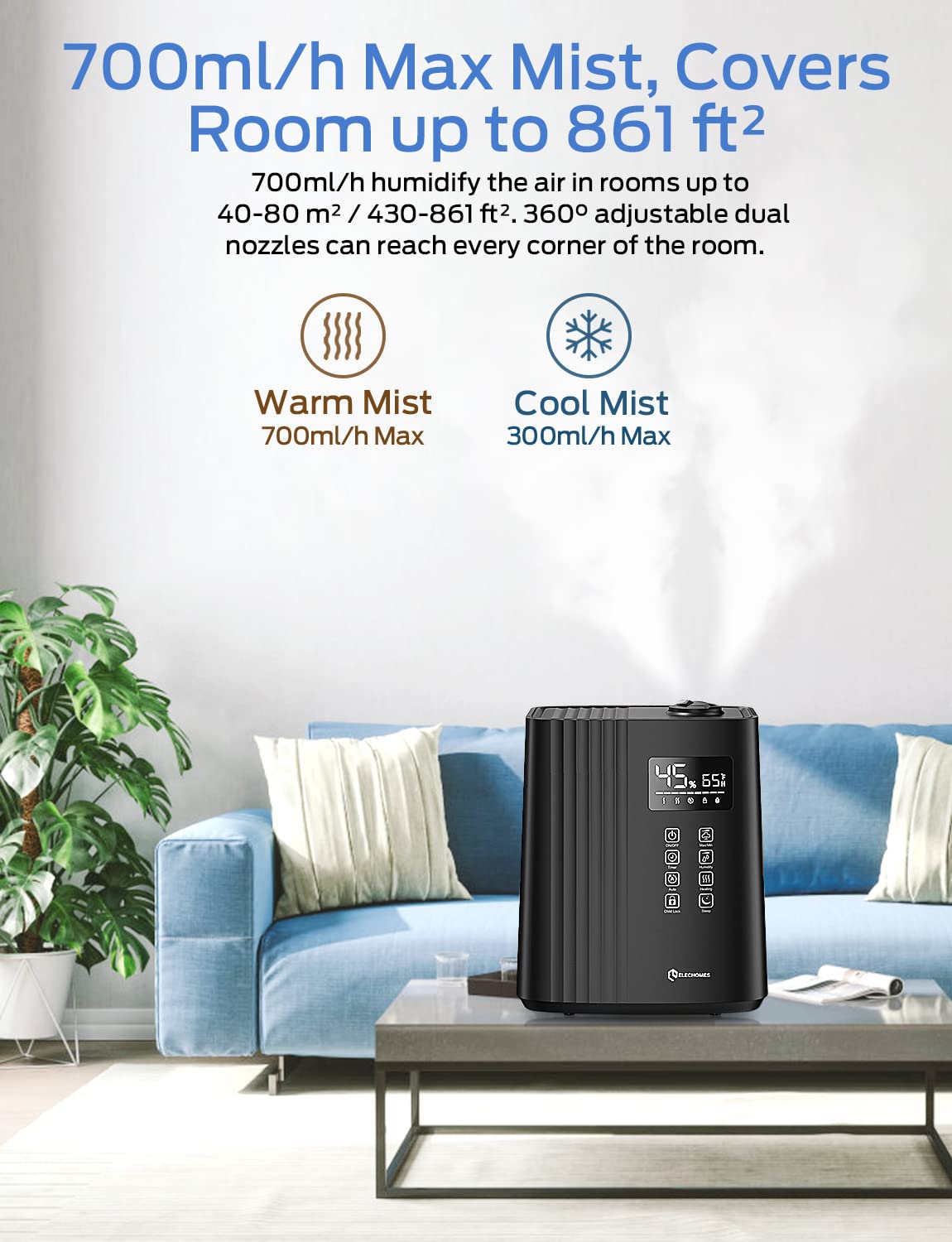 Elechomes SH8830 Humidifier, 6.5L(1.72Gal) Top Fill Warm and Cool Mist Humidifiers for Bedroom with Remote Control, 700 ml/h Max, Auto & Sleep Mode, 360° Nozzle, Auto Shut-Off