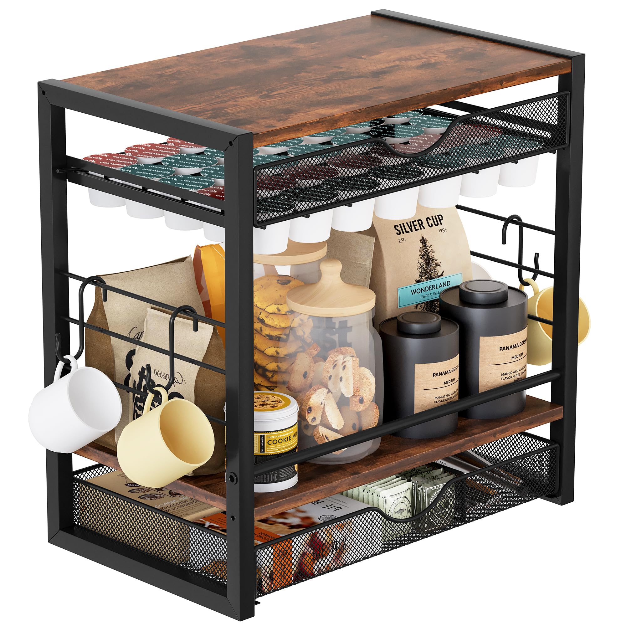 IZLIF Coffee Pod Stand 70 Capacity Cup Holder Drawer Coffee Pod Organizer for Counter with Mug Hook Racks, Black