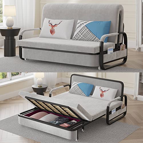 PIAQIA Convertible Pull Out Couch Sleeper with 1ā Natural Latex Mattress, Folding Futon Sofa Bed with Storage, Suitable for Apartment, Dorm, Guest Room, Office, Light Gray, 59" Width