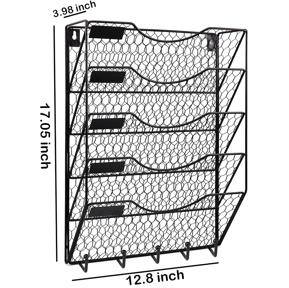 COSYAWN 5 Tier Wall File Holder with Hook, Hanging Mail Organizer Metal Chicken Wire Wall Mount Magazine Rack with Label Panel, Black