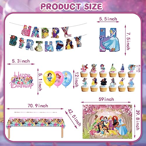 Princess Birthday Party Decorations,Include Banner,Backdrop, Latex Balloons, Cupcake, Cake Topper, Tablecloth for Princess Themed Birthday Party Supplies.