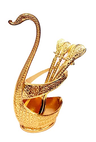 German Gold Plated 1 PC S Swan Duck With 6 Pcs Tea Spoon Set For Home And Kitchen Decorative Swan Base Holder Spoons for Coffee, Fruit,Dessert,Stirring, Mixing Sugar, By ORNATE INTERNATIONAL.