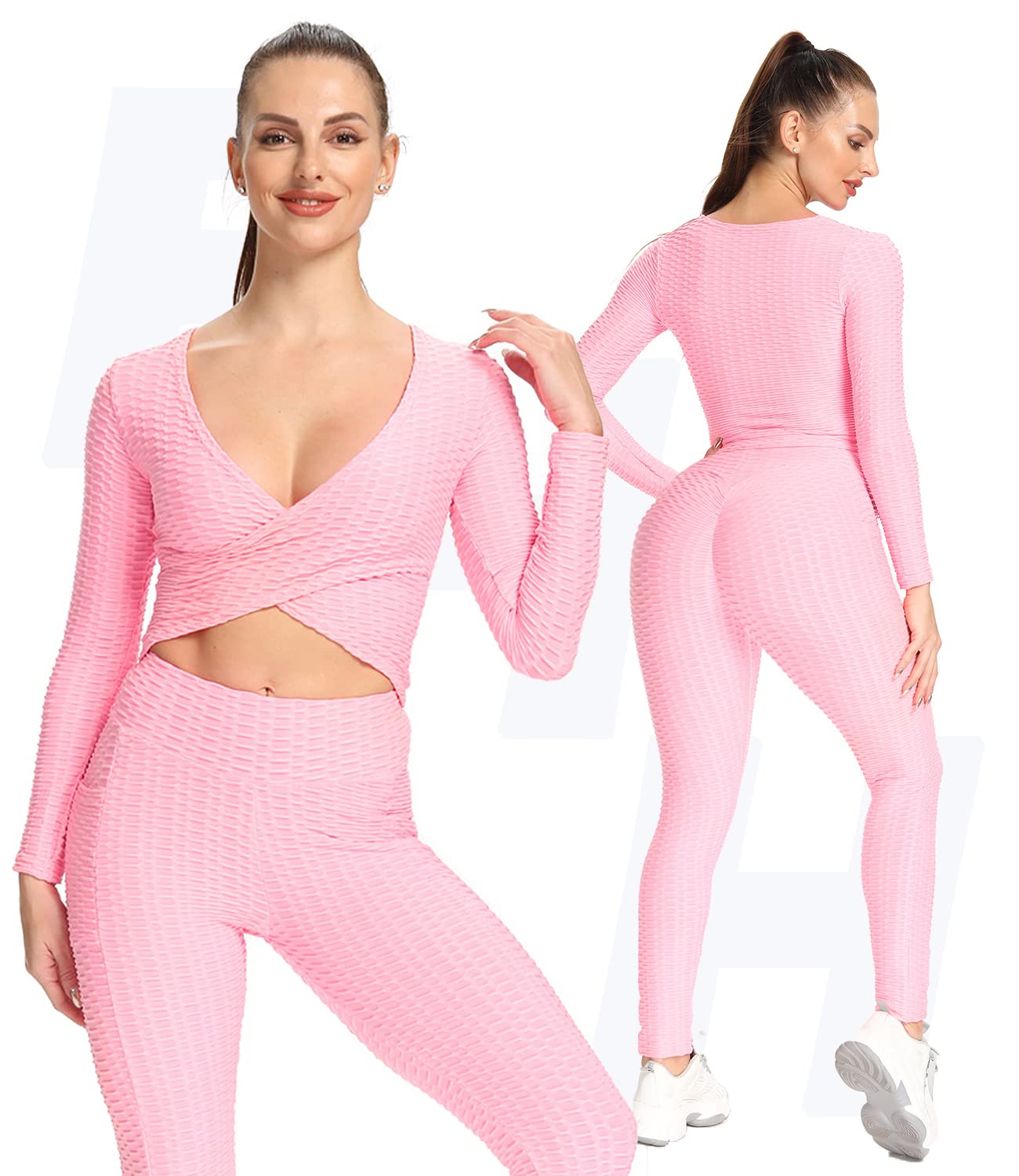 EHH Women High Waisted Anti-Cellulite Leggings with Pocket Ruched Butt Lifting Yoga Pants L