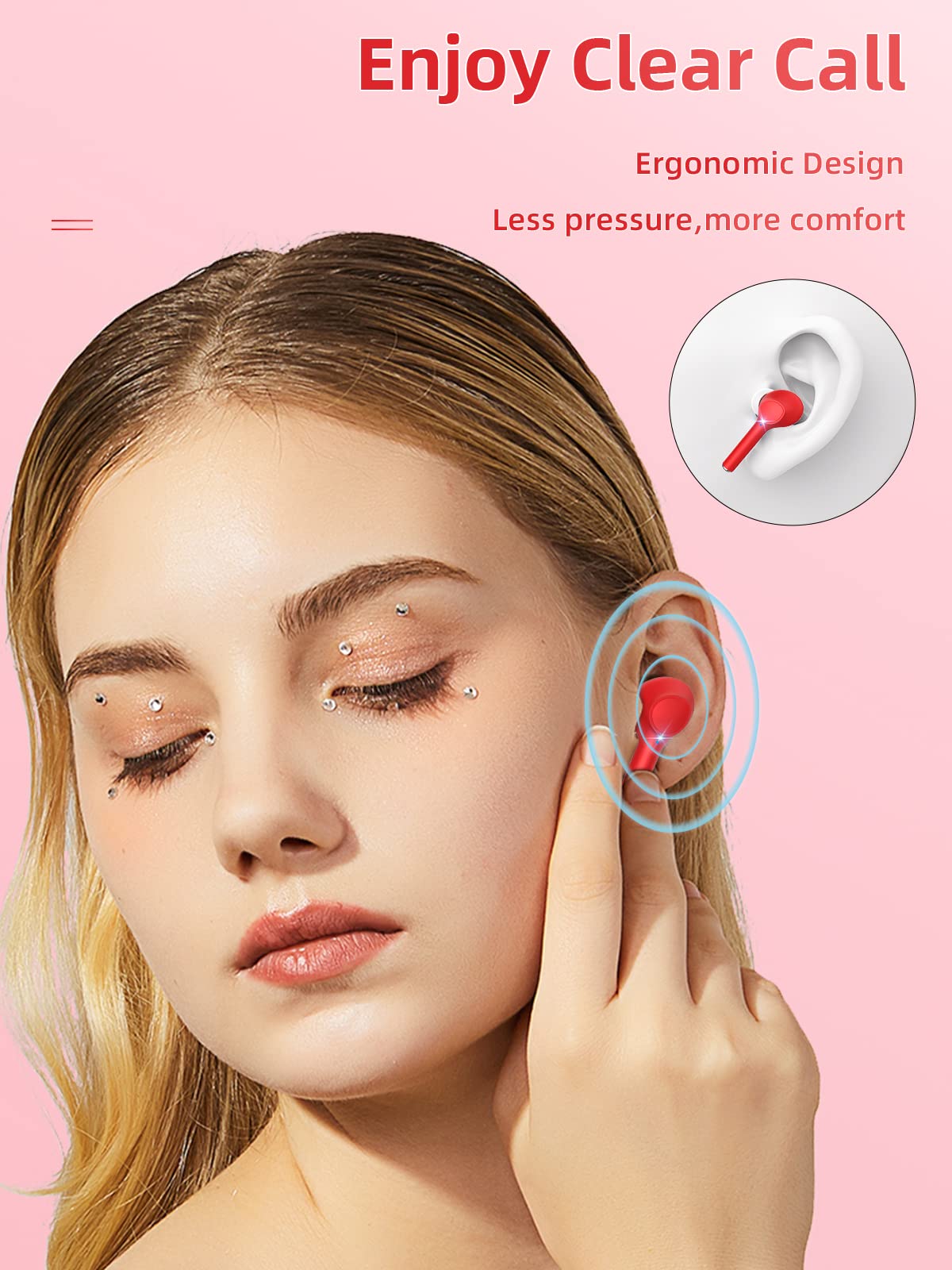 Earbuds Wireless Bluetooth,Noise Cancelling ENC Clear Call Ear Buds with 4 Mic,Bluetooth Headphones 4 Dynamic Drivers,Waterproof Wireless Earbuds,Touch Control Earphones for iPhone Android (Red)