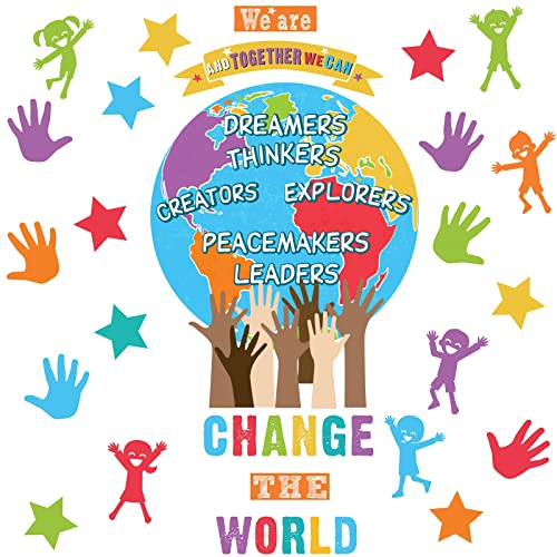 Pajean 88 Pieces One World Together Classroom Decorations We Can Change The World Classroom Wall Decor We are and Together Hands Cutouts with Stars Cutouts for Classroom Decor (Colorful Brights)