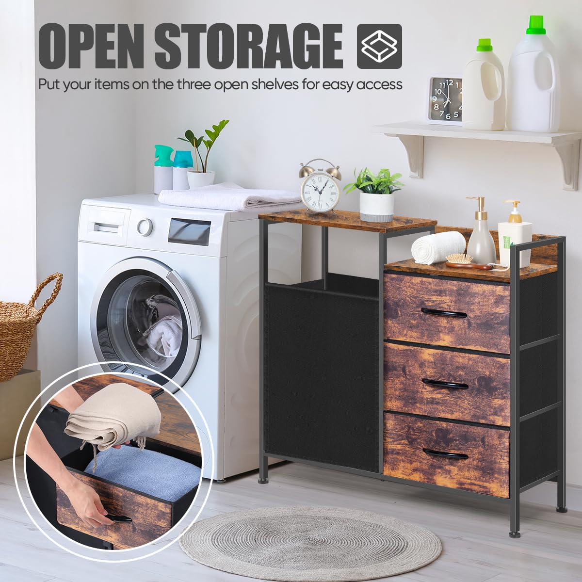 Laundry Hamper, Laundry Basket with Shelves, Laundry Sorter with 3 Tier Sliding Folding Storage Basket, Bathroom Laundry Room Organization and Storage, Dirty Laundry, Towel, Rustic Brown