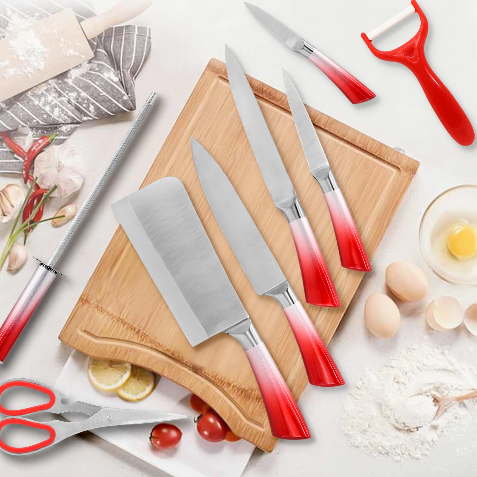 Kitchen Knife Set, 9-Piece Red Knives Set for Kitchen, Non Stick Sharp Stainless Steel Chef Knife Set with Block Sharpener, Ideal for Kitchen Decor (Red)