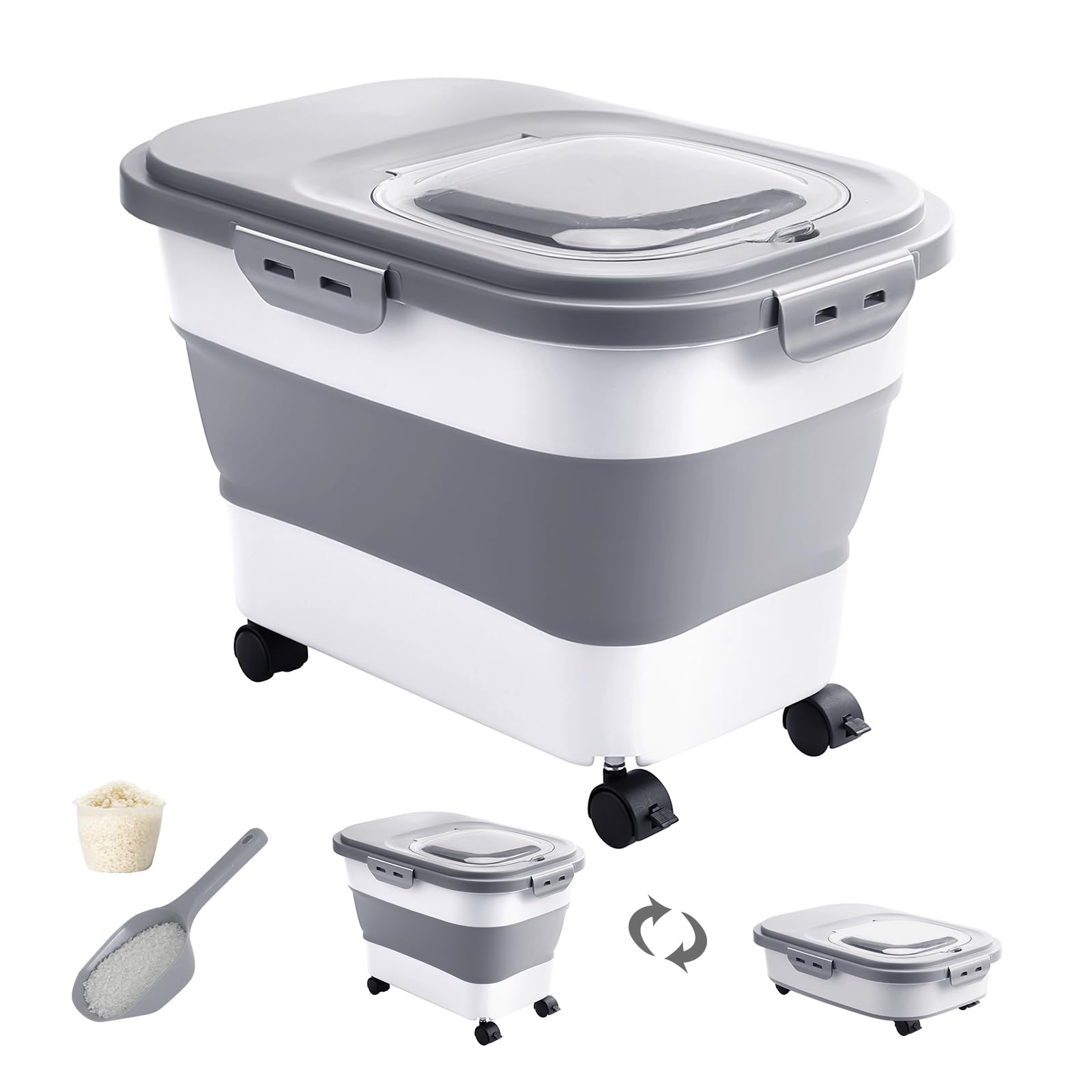 DDMOMMY 20-30Lbs Rice Storage Container,Collapsible Food Storage Containers with Rolling Wheel Airtight Locking Lid,Flour Storage Container with Cup and Scoop,Suitable for Food,Rice,Pet Food,Flour