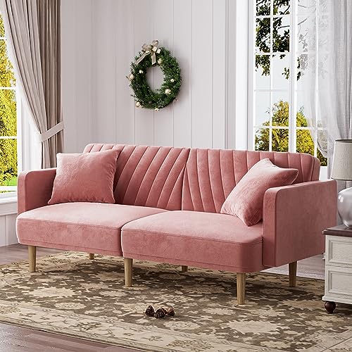 OUYESSIR Futon Sofa Bed, Convertible Sleeper Sofa with Wood Legs, 74.5“ Splitback Sofa with 2 Pillows, Velvet Futon Couch for Living Room (Rose Pink)