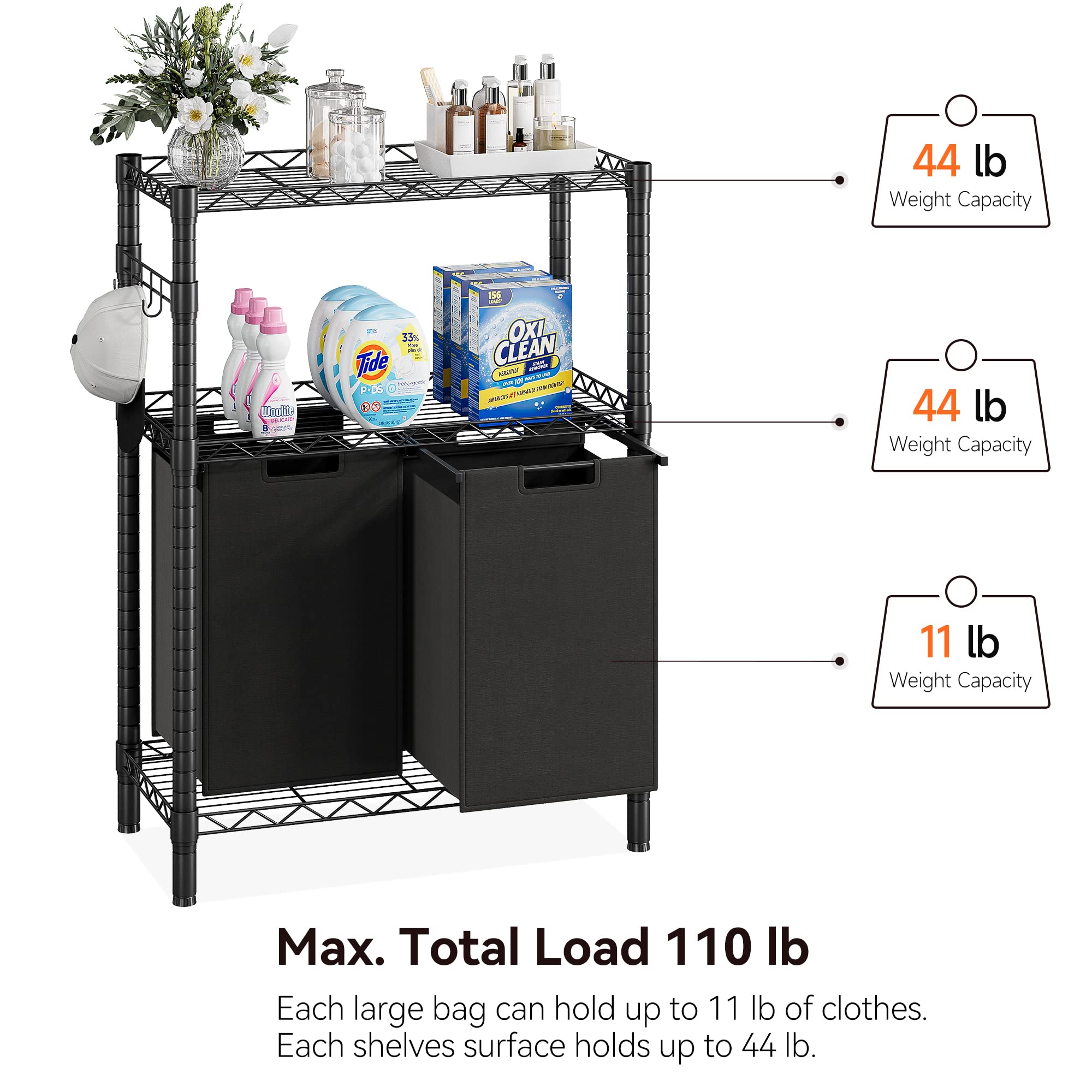 Laundry Sorters with 2 X 45L Laundry Bags & 2 Tier Adjustable Storage Shelf, Pull-Out and Removable Oxford Fabric Laundry Baskets, Black