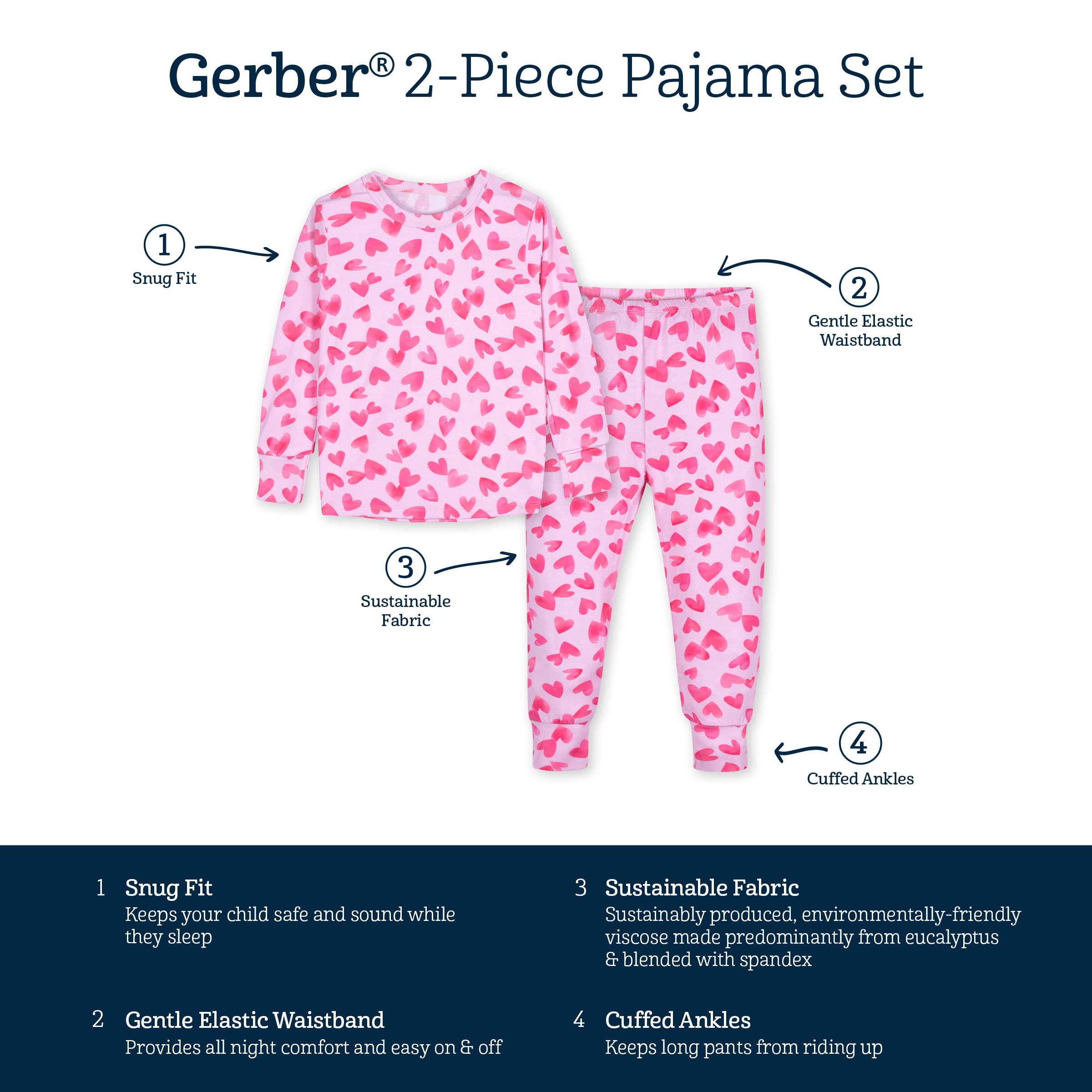 Gerber Unisex Baby Toddler Buttery Soft 2-Piece Snug Fit Pajamas with Viscose Made from Eucalyptus, Heart Felt, 3T