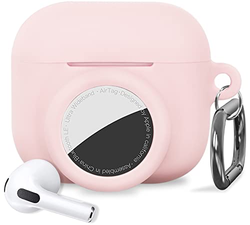 Linue 2 in 1 Case Cover Design for Airpods 3 and AirTags, Flexible Silicone Airpods 3 Case, Locator Case with Keychain Compatible with Airpods 3rd (2021) & Apple AirTag, Pink