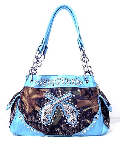 Western Handbag Camouflage Gun Pistol Pocket Camo Rhinestone Purse With Matching Wallet (BLUE)