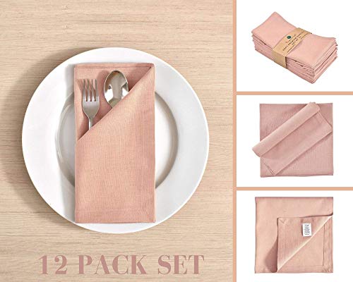Pink Cloth Napkins Dinner Washable Set of 12 in Cotton Linen Fabric Blush, Premium Quality Soft Durable, Mitered Corners for Everyday Use Hotel Restaurant Good Absorbency Reusable Napkin Dusty Pink