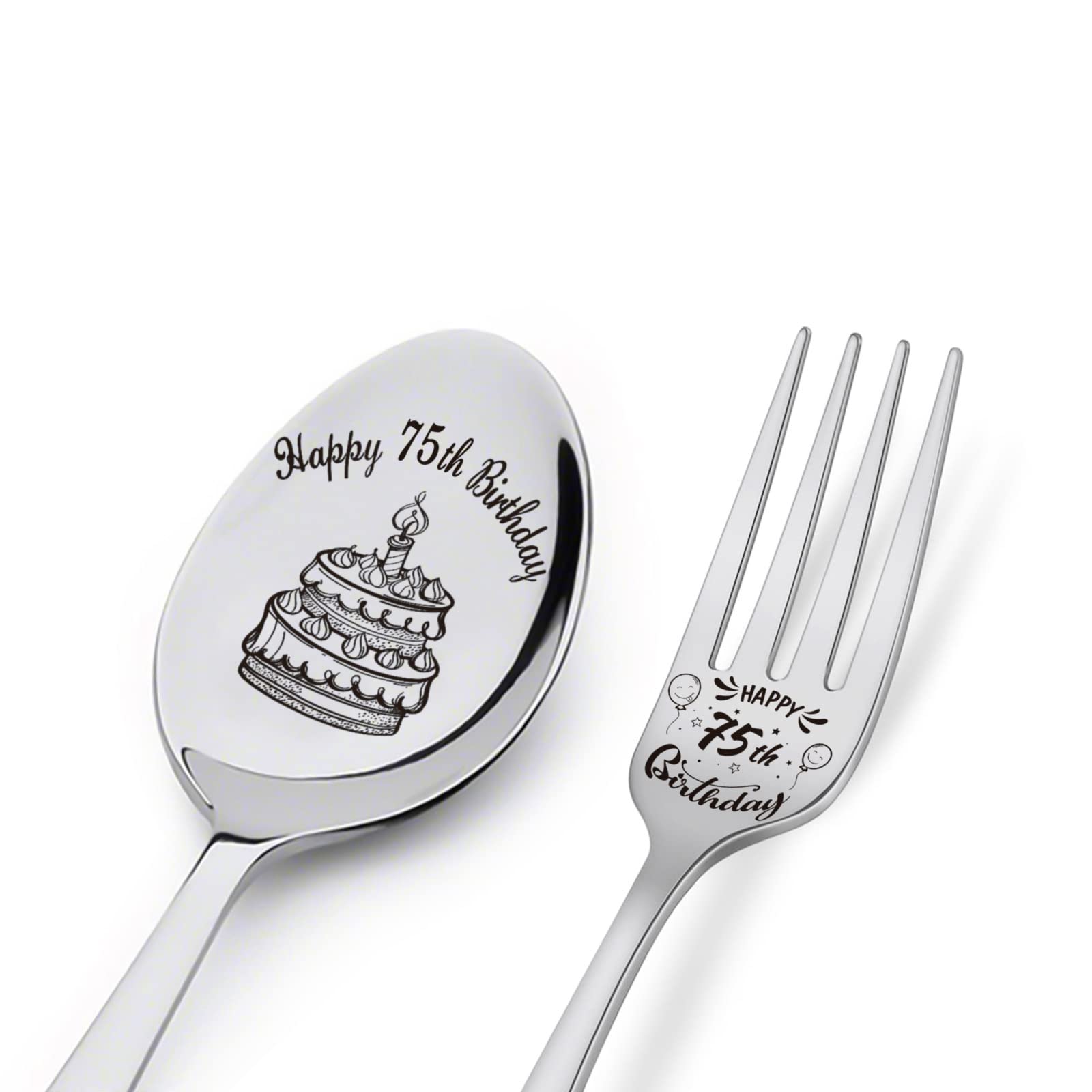 Happy 75th Birthday Spoon&Fork Gifts Engraved Spoon&Fork Personalized Birthday Gifts for Father Mother Grandpa Grandma Family Elders Friends