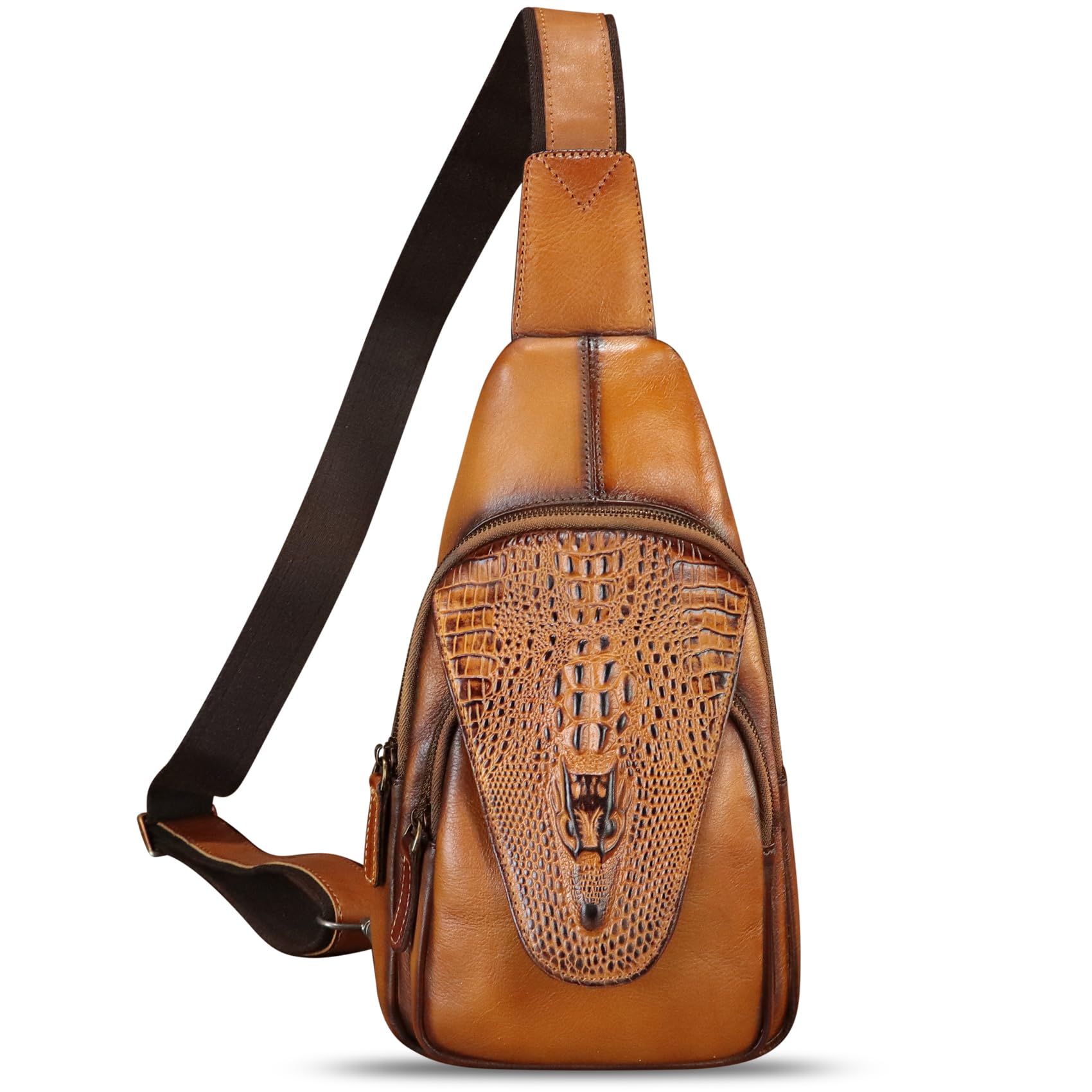 FEIGITOR Genuine Leather Sling Bag Embossed Crocodile Pattern Leather Crossbody Sling Backpack Handmade Chest Purse Daypack (Brown)
