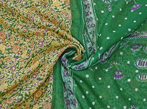 Peegli Vintage Green Textile Fabric Floral Printed DIY Craft Fabric Polyester Recycled Sari