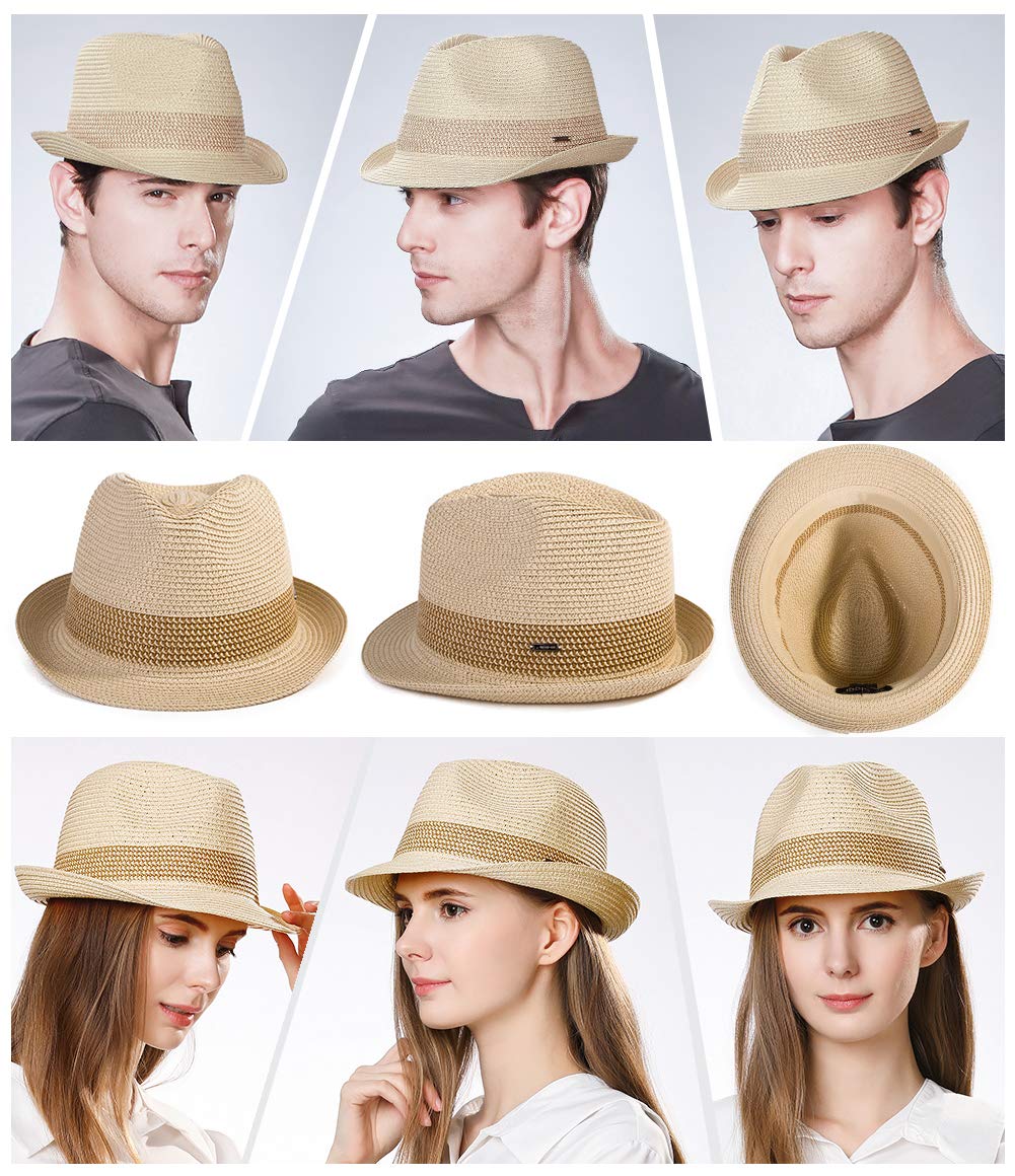 Fancet Extra Large XL Men Women Packable Straw Fedora Panama Sun Summer Beach Derby Hat Cuban Trilby Nature Beige