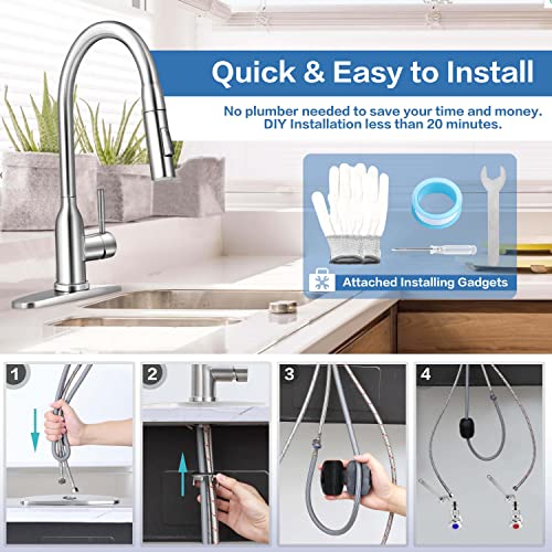 Homikit Kitchen Faucet with 2 Pull Down Sprayers, Brushed Nickel 18/10 Stainless Steel Kitchen Sink Faucets, Single Handle High Arc Kitchen Faucets for Farmhouse RV Bar Laundry