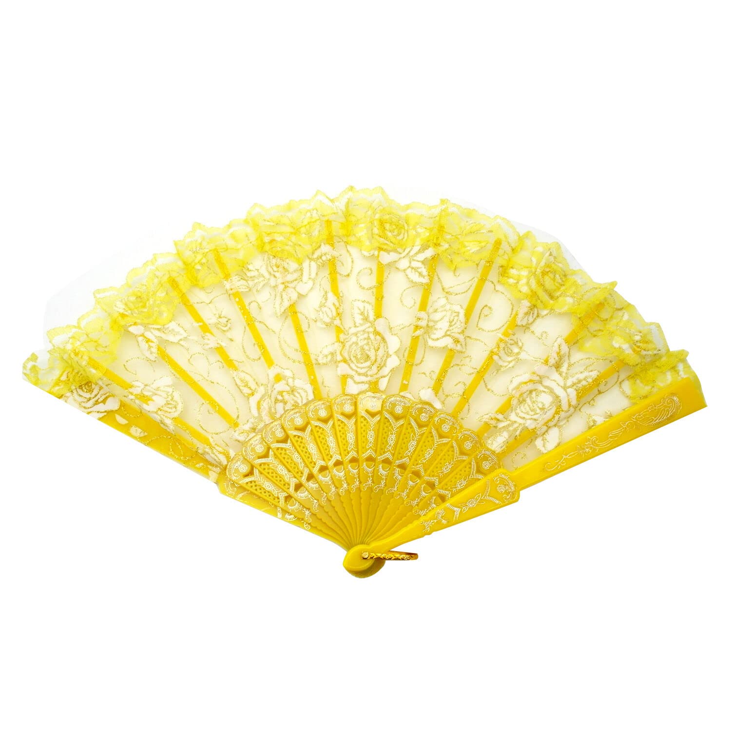 Fastsun Elegant Vintage Flower Rose Lace Handheld Folding Hand Fan for Dance Drama Hand Held Folding Fan Suitable for Summer Occasions, Wedding Decoration, Women Ladies Girls Best Gifts (Yellow)