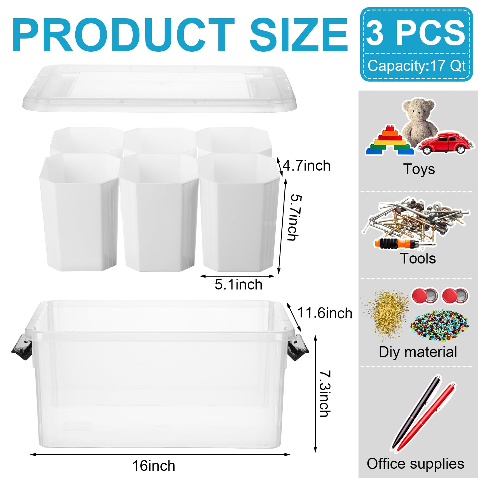 Layhit 3 PCS Storage Box with Removable Tray 17 QT Clear Plastic Storage Container for Seasonal Decor, Tool, Office Supplies, Art, Craft Supplies, Sewing Utility Box (Insert Bucket Style)