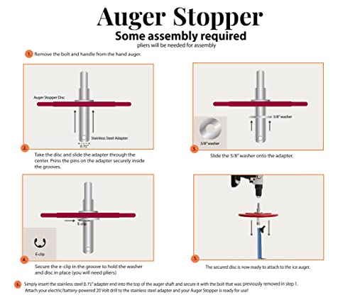 Ice Fishing Auger Stopper with Drill Bit Adapter (9"disc, fits up to 8" auger blades) for Cordless 20volt Lithium Battery Drills - Prevent Auger Blade from Slipping Beneath The Ice.