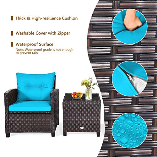 HAPPYGRILL 3-Piece Patio Furniture Set Outdoor Rattan Wicker Bistro Sofa Set Conversation Furniture with Cushion & Table