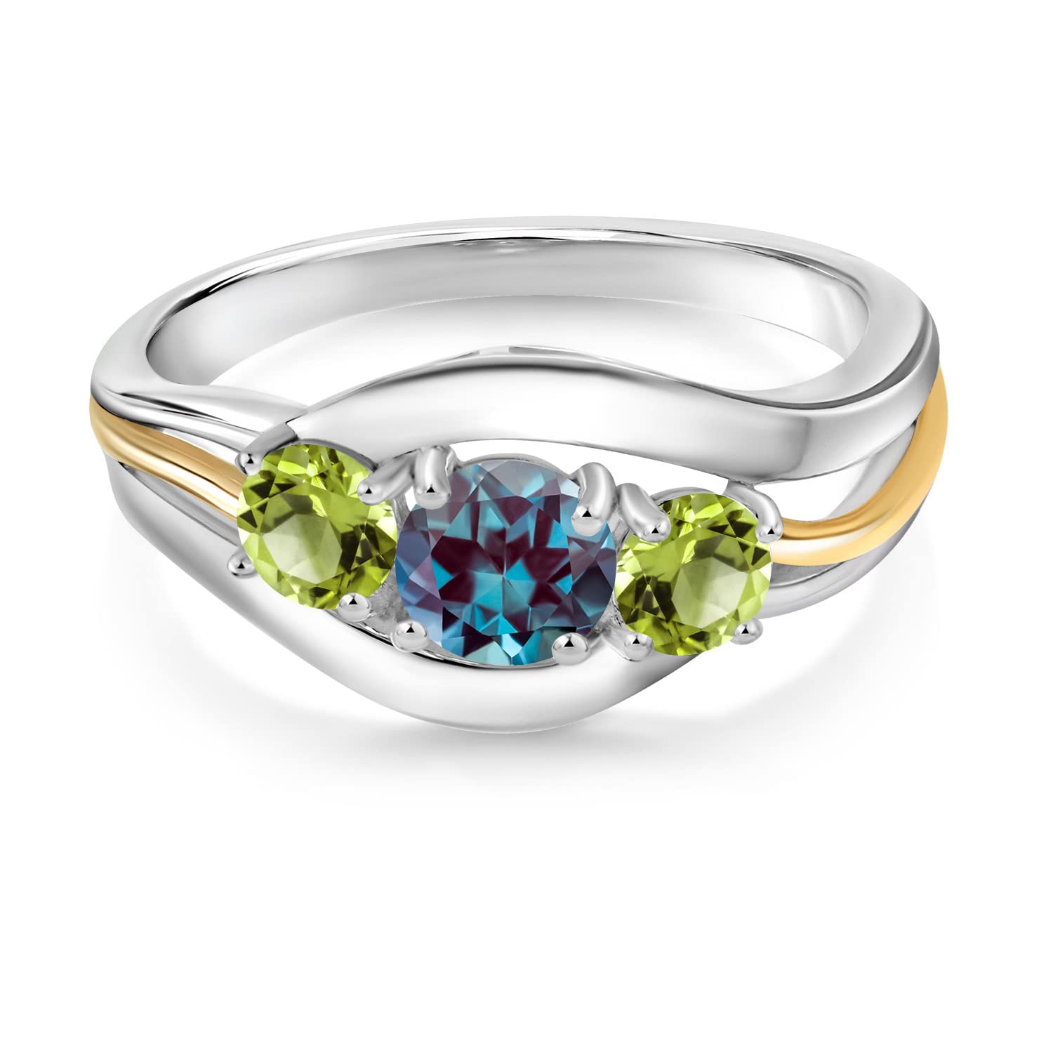 Gem Stone King 1.18 Ct Purplish Created Alexandrite Green Peridot 925 Silver and 10K Yellow Gold Ring (Size 6)