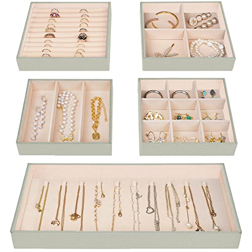 ProCase Jewelry Organizer Tray Drawer Inserts, Stackable Jewelry Drawer Dividers Container Necklace Display Trays Storage Box for Dresser Earring Rings Bracelet, Set of 5 - Grey