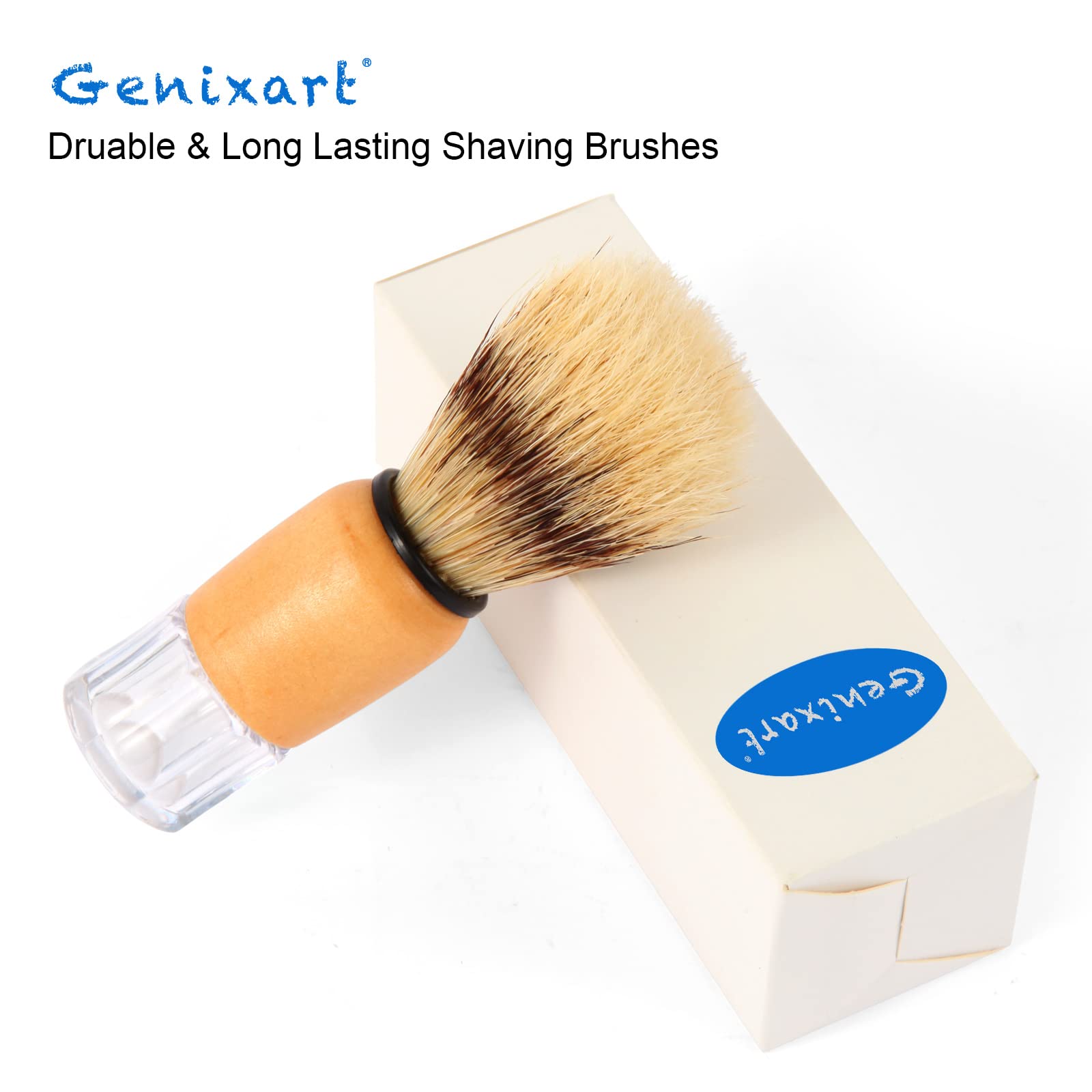 Genixart Nature Bristle Shaving Brush with Varnished Wooden Handle Plus Transparent Base, Perfect for Mens Wet Shave (1pc Gift Pack)