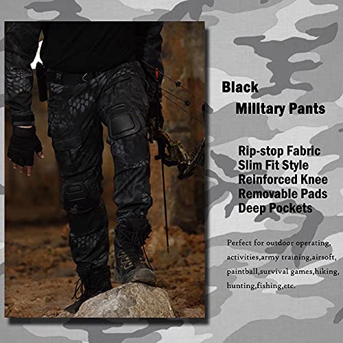 Dumajo Men's Tactical Military Pants Slim Fit Airsoft Combat Pant with Knee Pads-Black,Size 32