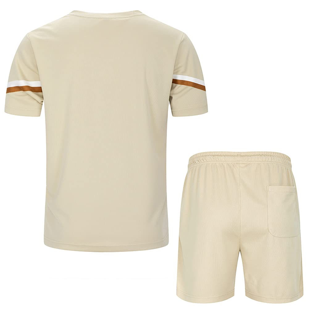 DUOFIER Men's Casual Tracksuit Short Sleeve Running Jogging Athletic Sweat Suits Set, Khaki-2XL