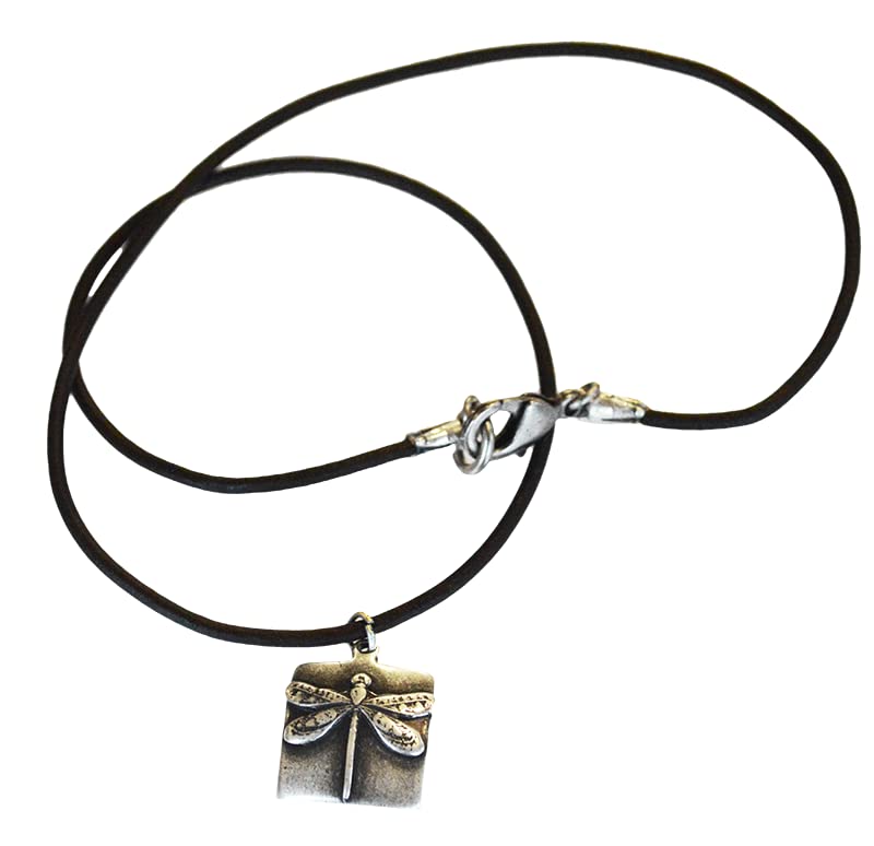 Elaine Coyne Collectible Artwear Antique Silver Brass Classic Dragonfly Pendant on Black Rawhide