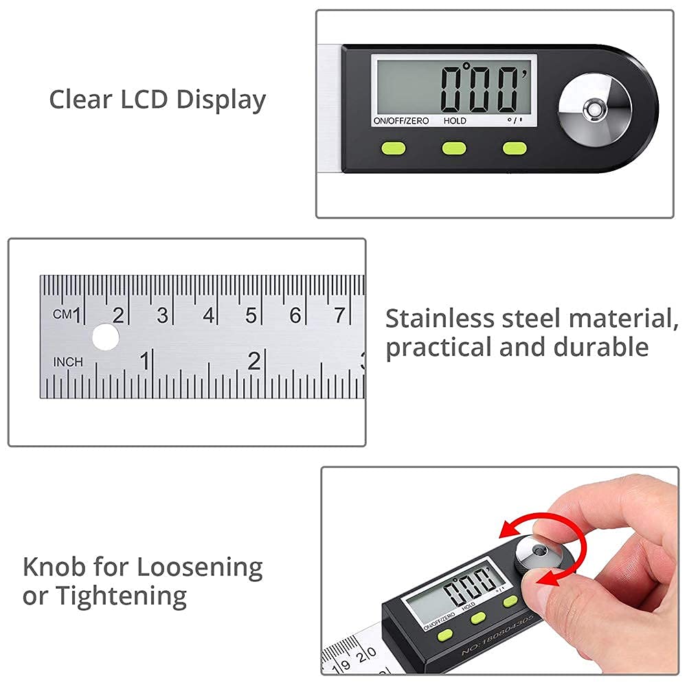 DuvinDD Digital Angle Finder Ruler, 2-in-1 360°Angle Measuring Tool 8 inch/200mm Digital Protractor with Zeroing and Locking Functions for Woodworking, Stainless Steel Angle Ruler