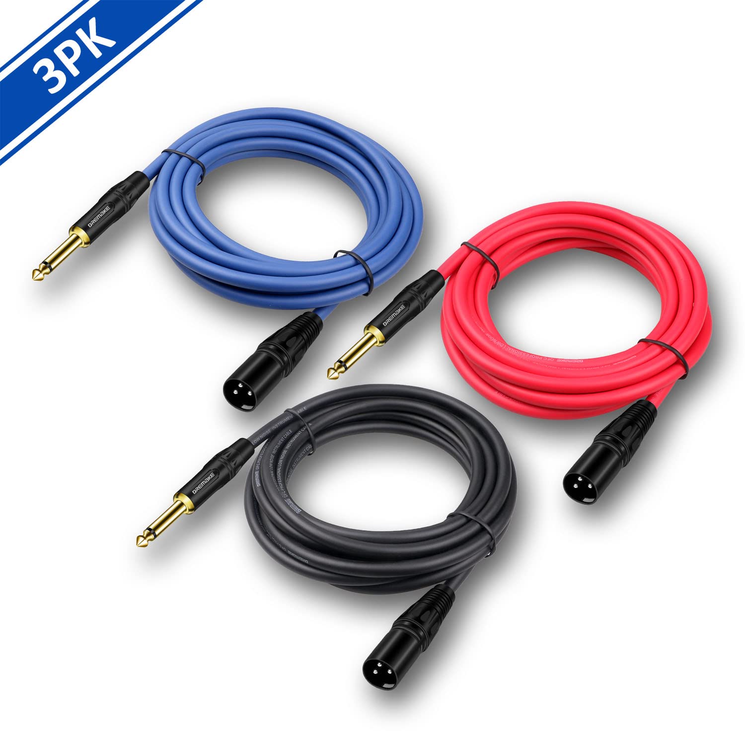 DREMAKE 3 Pack Male XLR to 1/4 Inch (6.35mm/6.5mm) TS Mono Jack Microphone Cable 20 Foot, Unbalanced 3 Pin XLR Female to Quarter inch TS Mic Patch Cord for Speaker, Dynamic Microphone, Mixing Console
