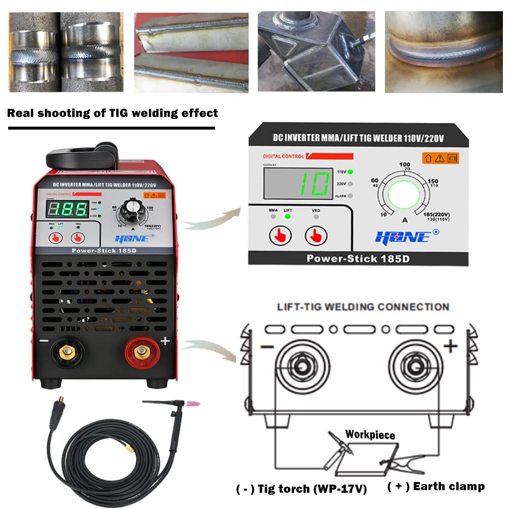 HONE ARC Welder, Actual 185Amp 110V/220V Stick Welder with Lift Tig Function, Digital IGBT Inverter Welding Machine with Hot Start Arc Force Anti-Stick VRD, High Duty Cycle for 1/16"-5/32" Welding Rod
