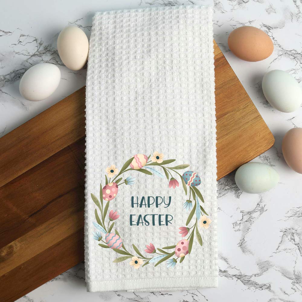 Happy Easter Wreath Dish Towel Happy Easter Christian Design Kitchen Towels Kitchen DĂŠcor Waffle Weave (16" x 24")