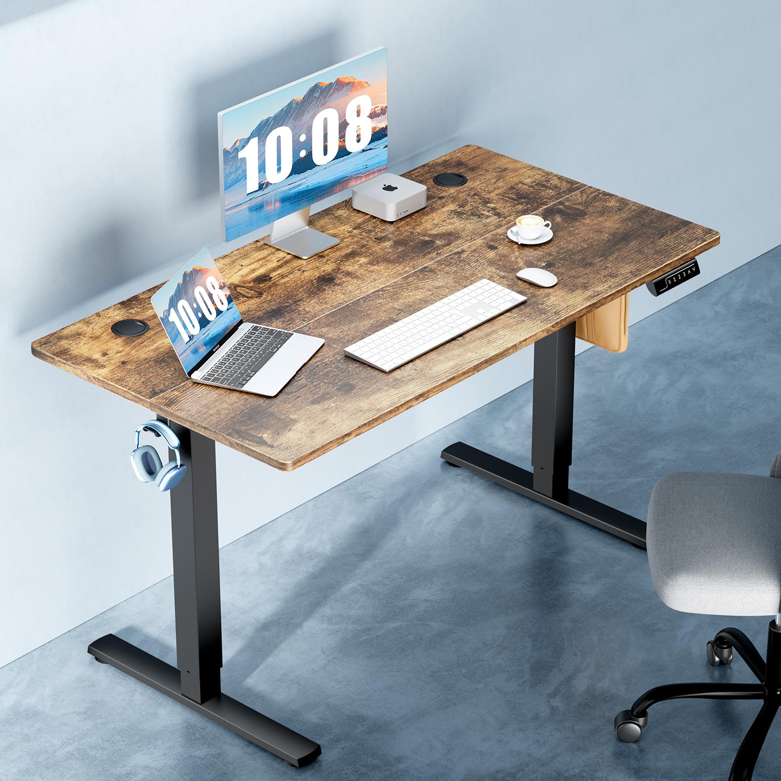 DUMOS, Electric Height Ergonomic Adjustable Memory Preset, Computer Stand Up Desk with T-Shaped Bracket Suitable for Home Office, 63 x 24 Inches, Rustic Brown