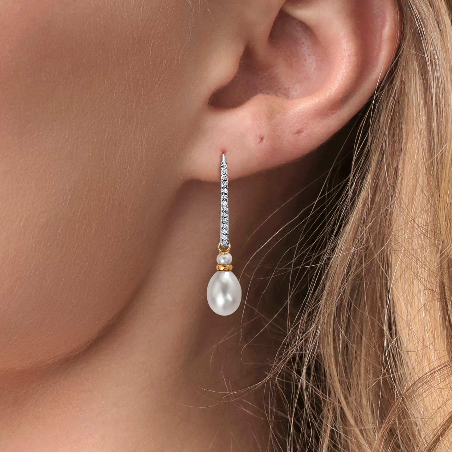 Gem Stone King 925 Sterling Silver and 10K Yellow Gold 9X7MM Cultured Freshwater Pearl and White Lab Grown Diamond Dangling Earrings with Leverback For Women