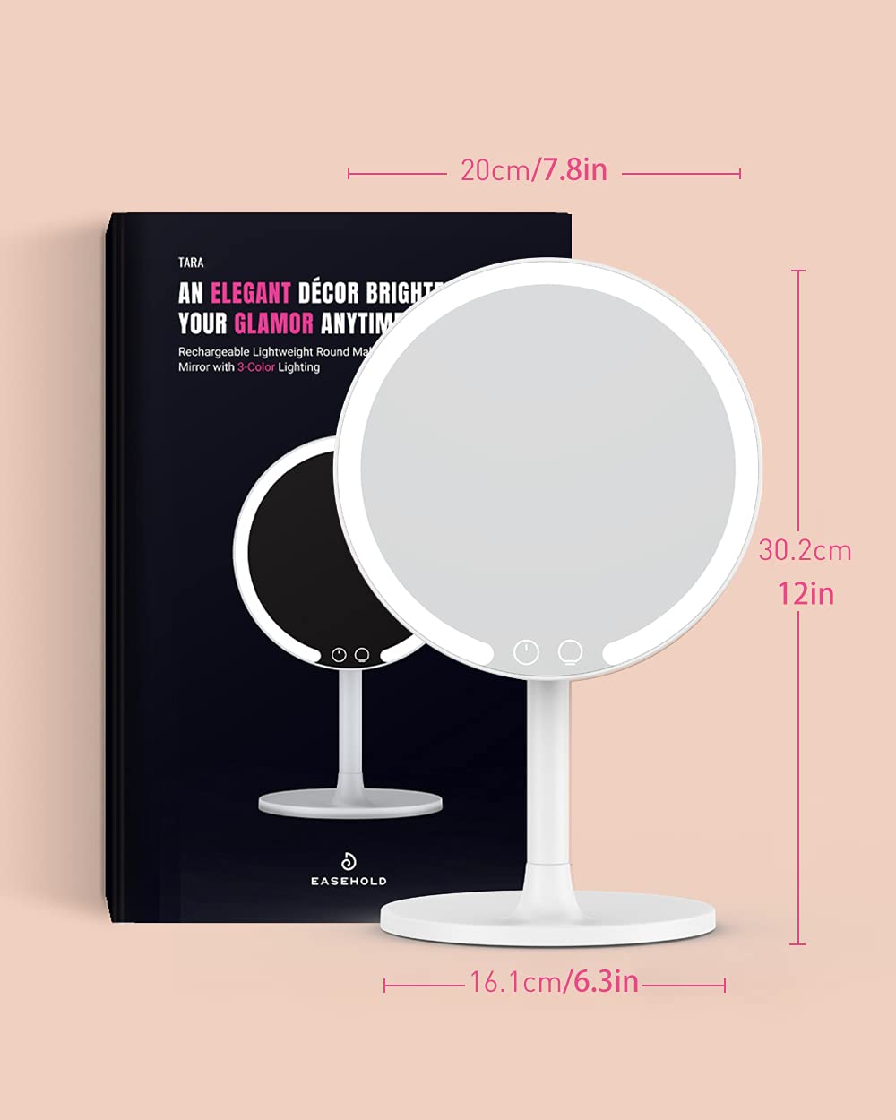 EASEHOLD Rechargeable Lighted Makeup Mirror, Desk Vanity Mirror with 56 LED Lights, 3 Lighting Modes Dimmable 180 Degree Rotation Touch Screen, Light Up Mirror for Travel, Portable Cosmetic Mirror