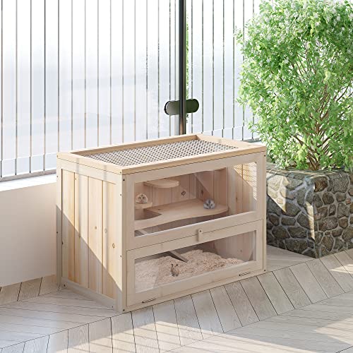 PawHut 2-Level Hamster Cage Mice and Rat House, Small Animal Habitat for Guinea Pigs, Chinchillas with Openable Top, Front Door, Shelf and Ladder