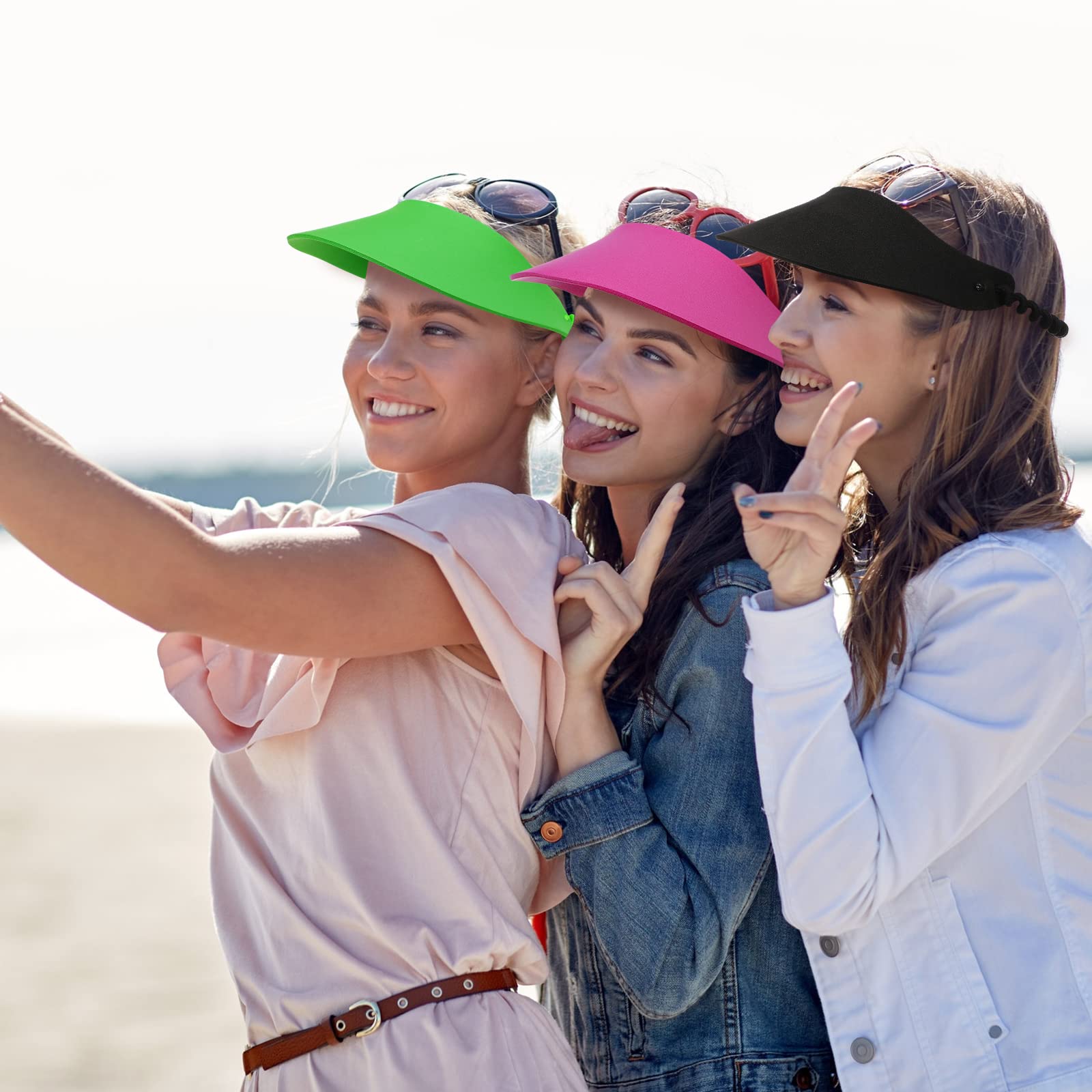 Eurzom Women's Hat Adjustable Foam Visor - Solid, for Sports (Black, White, Navy, Rose, Green, Blue, 6 Pack)