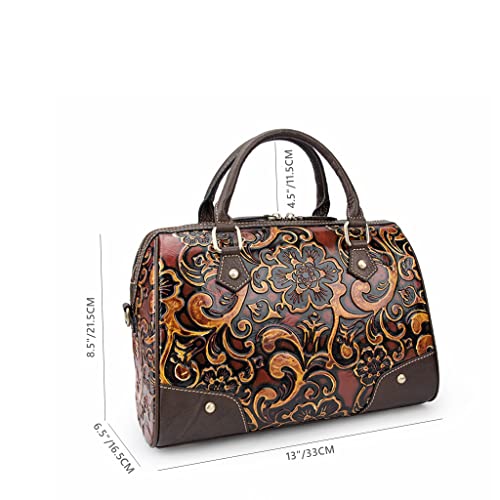 Genuine Leather Embossed Purses for Women, Retro Crossbody Handbag Satchels with Vintage Floral Design (wine red)