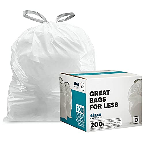 Plasticplace Custom Fit Trash Bags โ simplehuman (x) Code D Compatible (200 Count) โ White Drawstring Garbage Liners 5.3 Gallon / 20 Liter โ 15.75" x 28"
